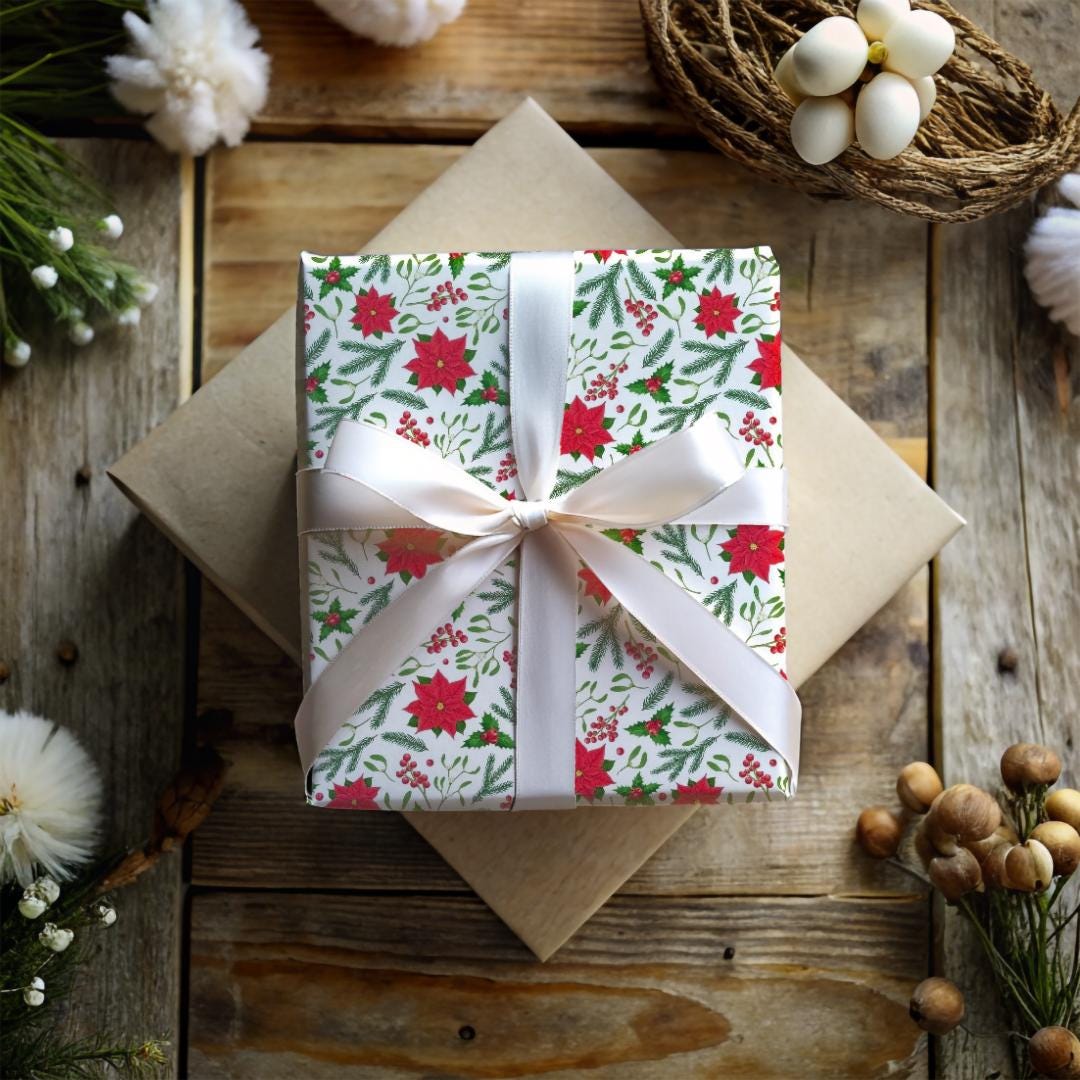 Christmas Wrapping Paper | Holiday Gift Wrap Roll | Red Poinsettia ...