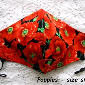 Red Poppies on Black Cotton Face Mask - Black Cotton Fitted Face Mask ...