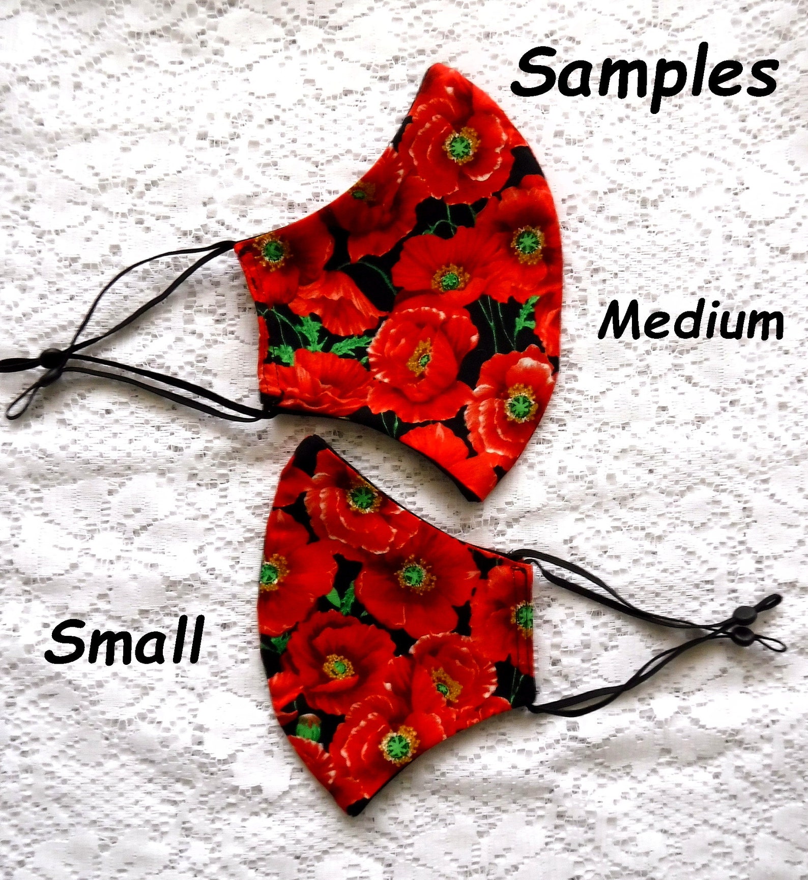 Red Poppies on Black Cotton Face Mask Adult Small Black Cotton Face ...