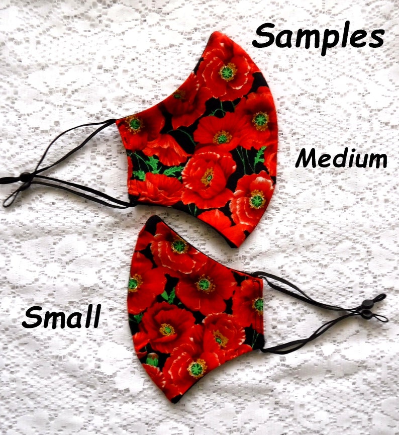 Red Poppies on Black Cotton Face Mask - Black Cotton Fitted Face Mask ...