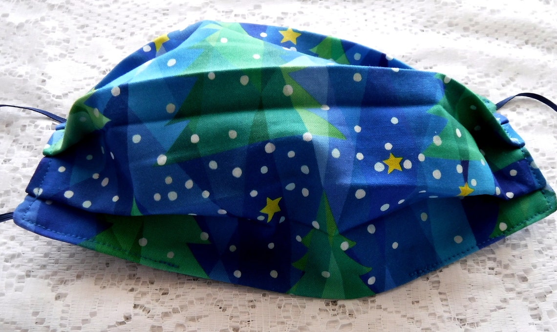 Holiday Tree Face Mask - Green Trees Gold Stars Snow Face Mask - Winter ...