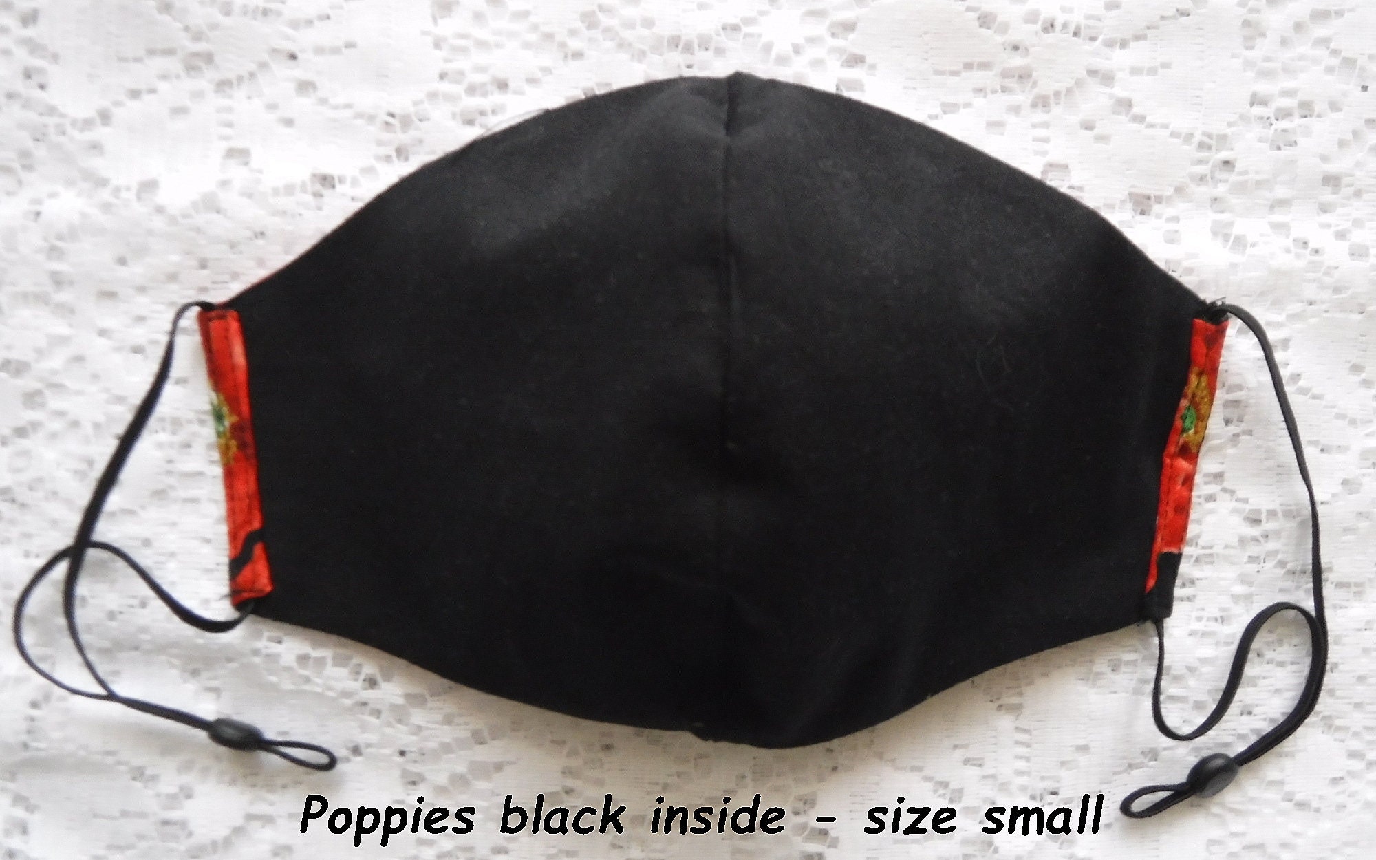 Red Poppies on Black Cotton Face Mask Adult Small Black Cotton Face ...