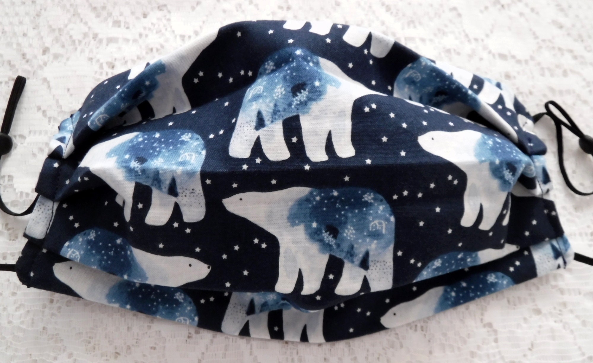 White Polar Bears on Navy Blue Face Mask - Navy Cotton Pleated Face ...
