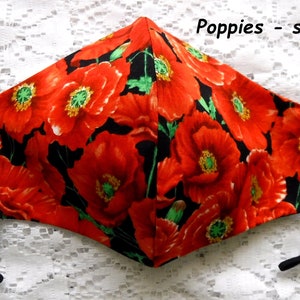 Red Poppies on Black Cotton Face Mask - Black Cotton Fitted Face Mask ...