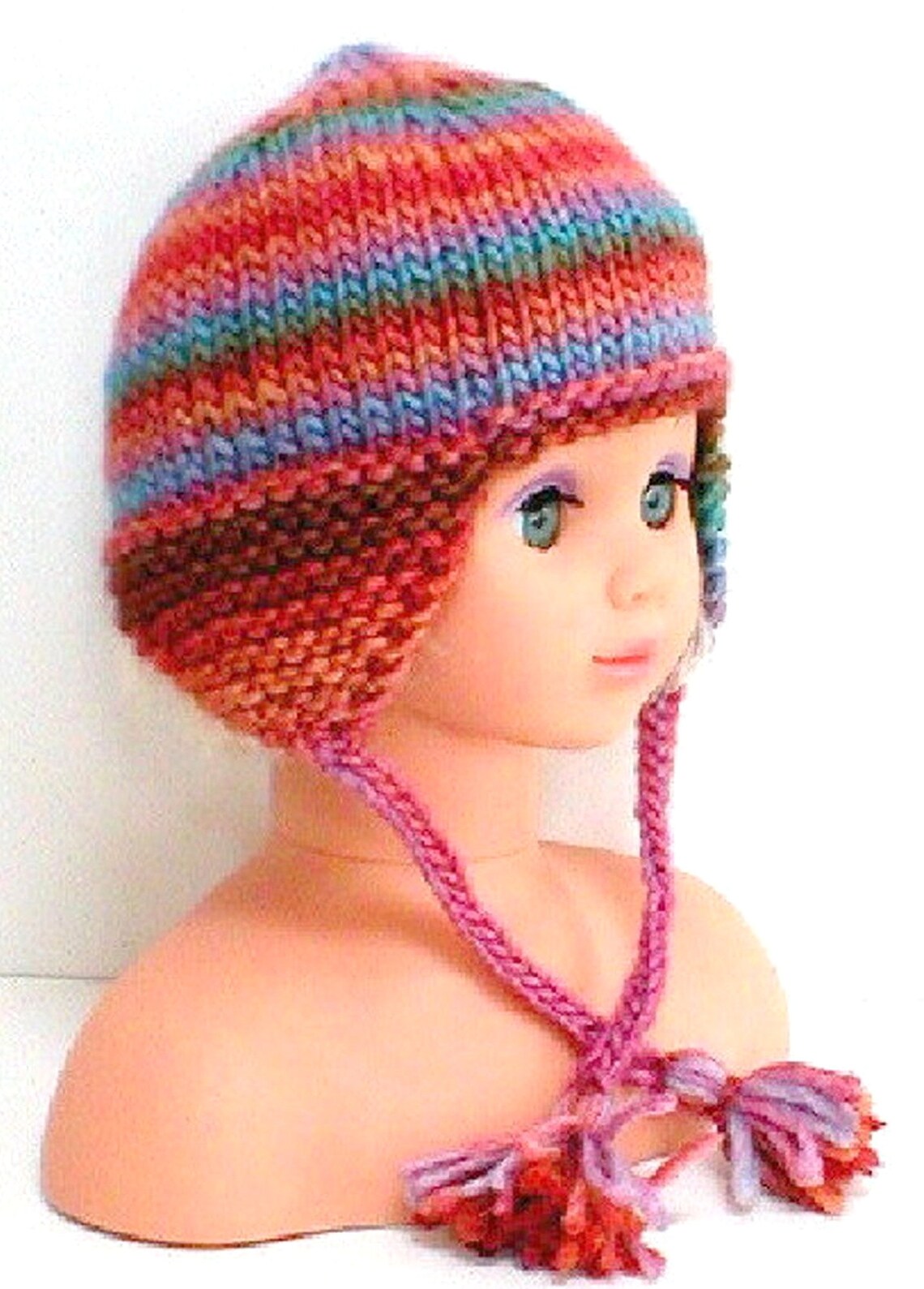 Childs Wool Blend Ear Flap Hat - Teal Green Red Orange Striped Hat ...