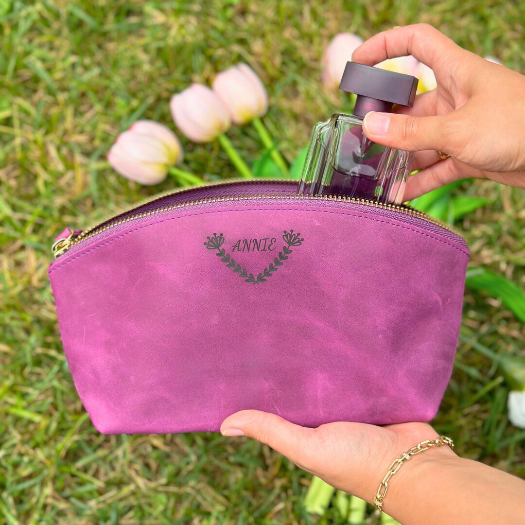 Personalized Makeup Pouch, Purple Leather Makeup Bag Custom Gift for ...
