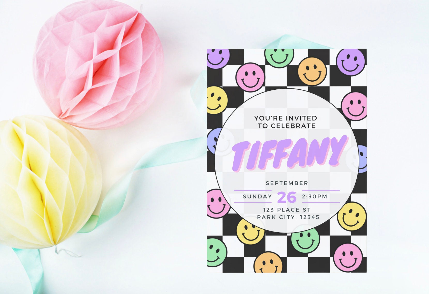 Checkered Smiley Face Party Invitation: Teen/tween Invite (digital ...