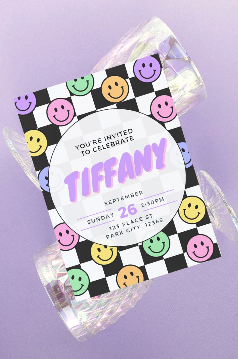 Checkered Smiley Face Party Invitation: Teen/tween Invite (digital ...