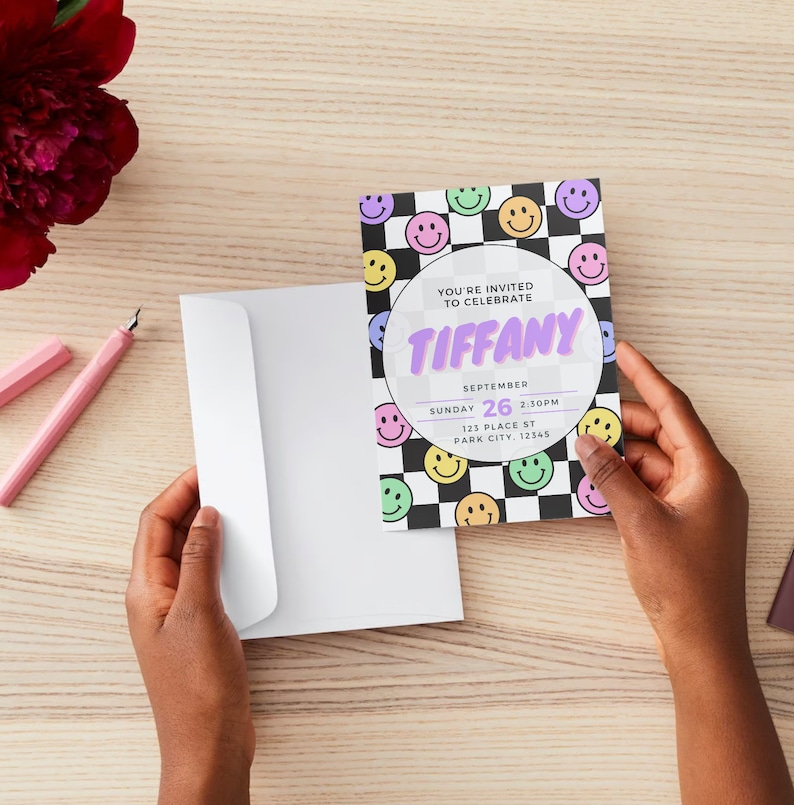 Checkered Smiley Face Party Invitation: Teen/tween Invite (digital ...