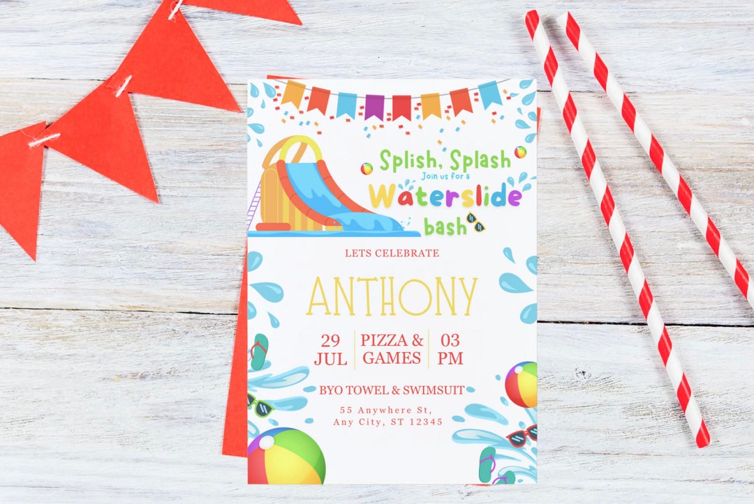 Waterslide Bash Party Invitation: Splish Splash Summer Fun (DIY Edit ...