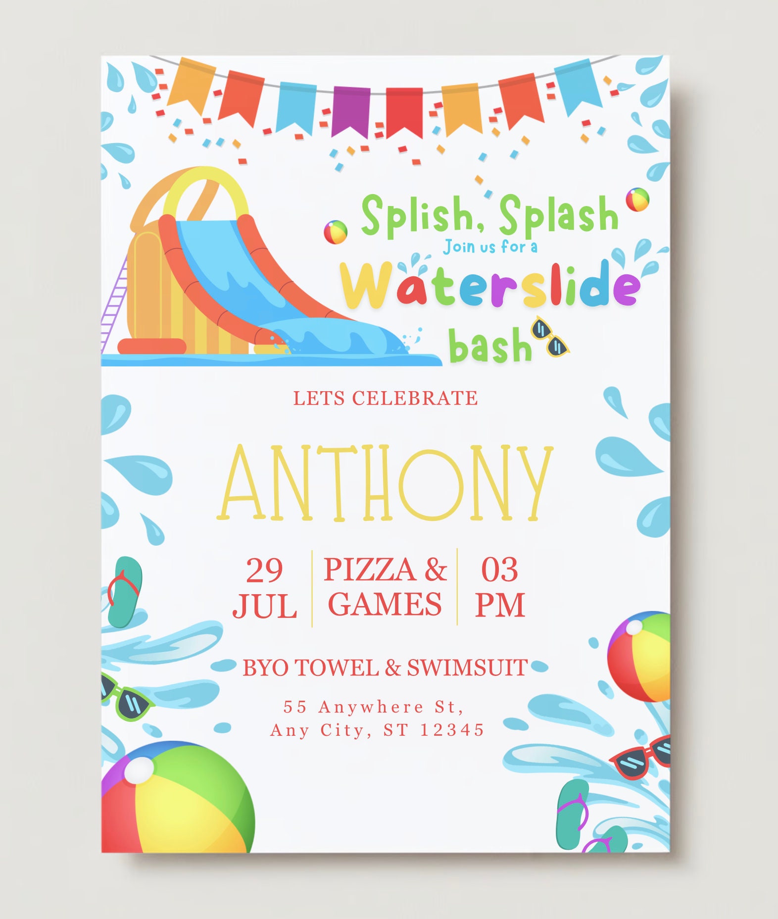 Waterslide Bash Party Invitation-splish Splash-start of Summer Party ...