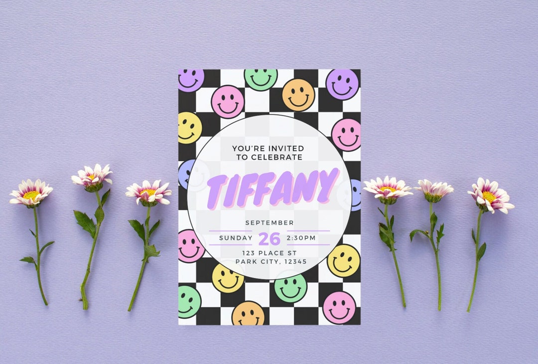 Checkered Smiley Face Party Invitation: Teen/tween Invite (digital ...