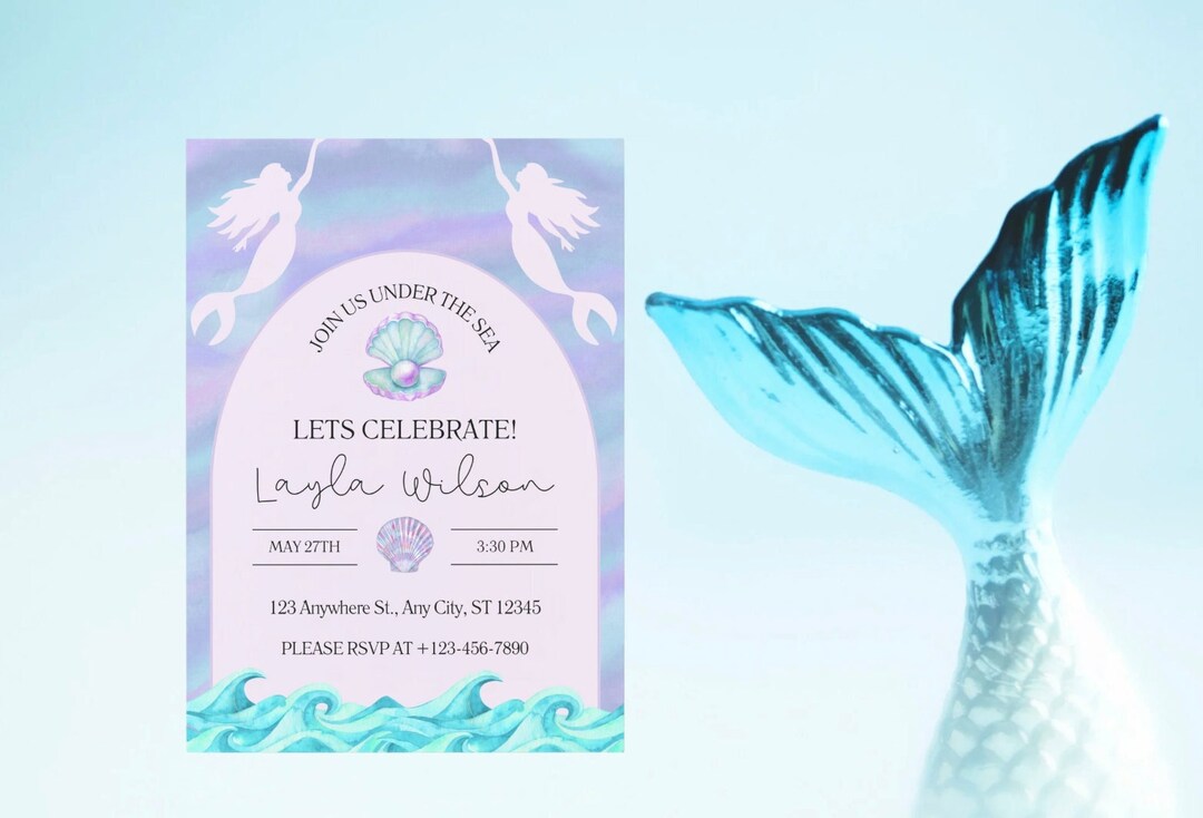 Watercolor Mermaid Party Invitation: Under the Sea Theme (digital ...