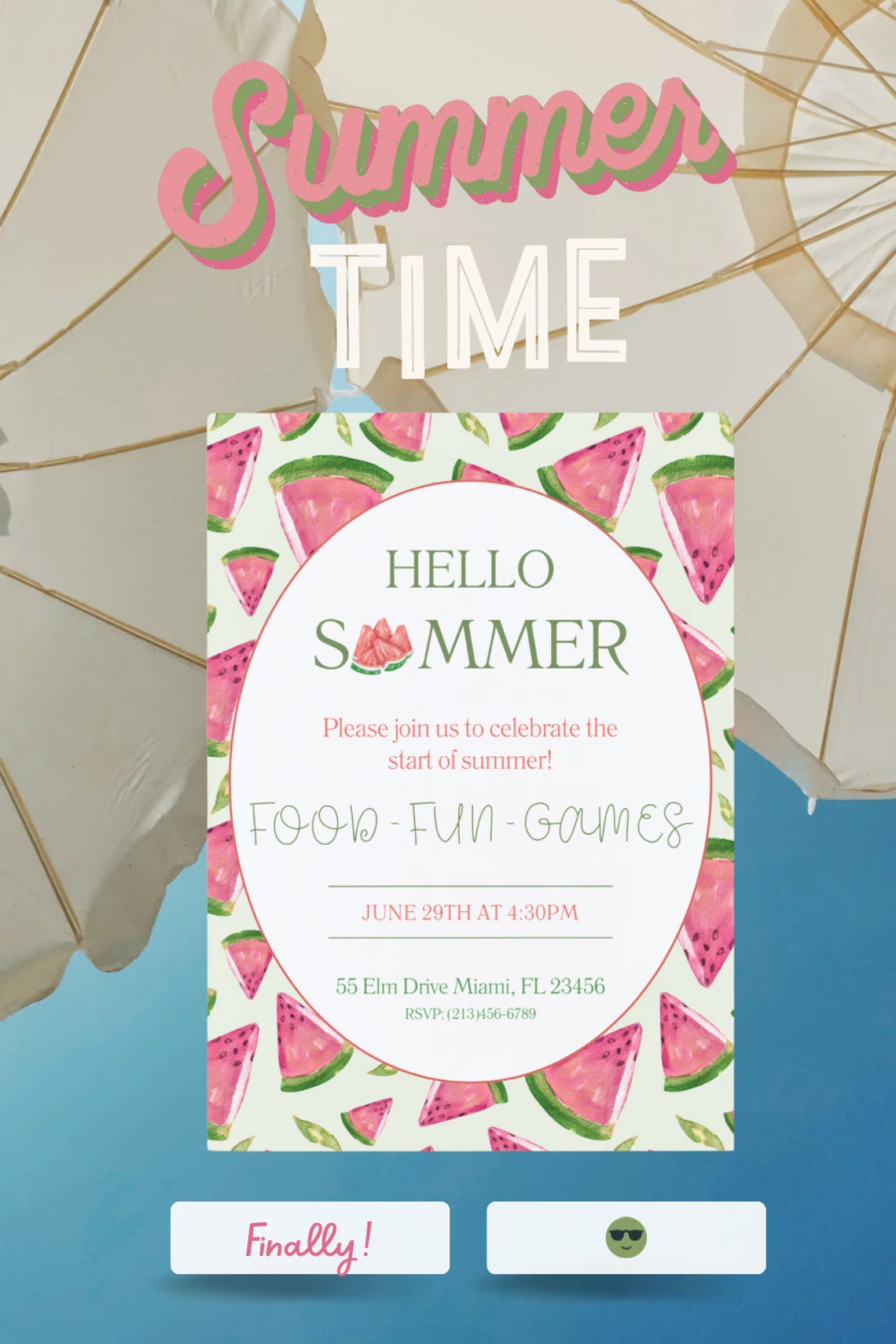 Watermelon Start of Summer Party-summertime Invite-hello Summer-digital ...