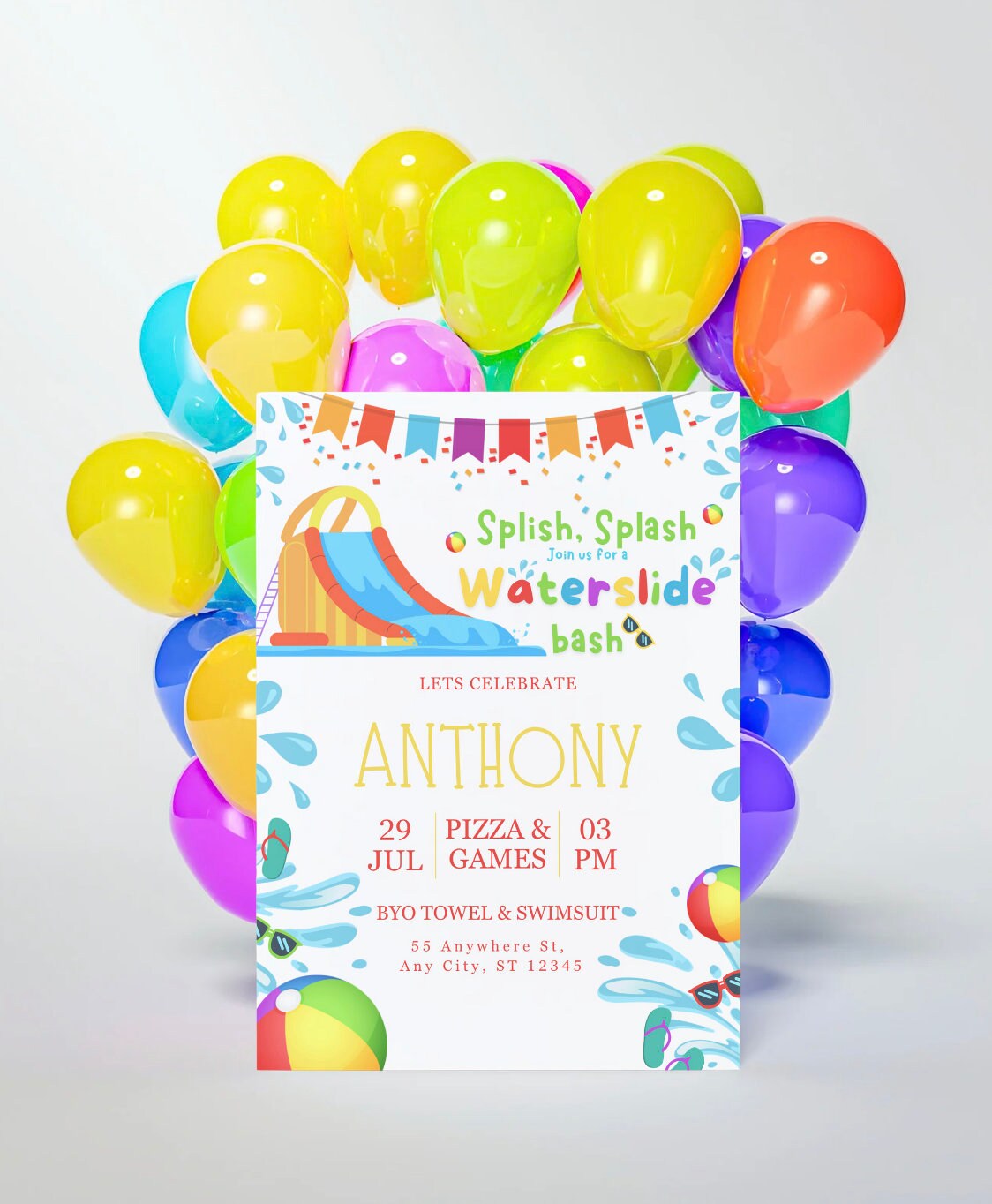Waterslide Bash Party Invitation-splish Splash-start of Summer Party ...