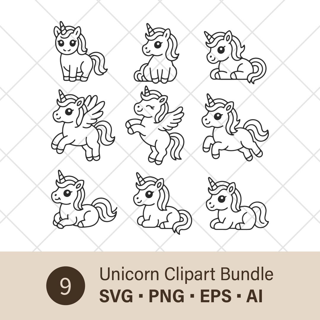 Unicorn Clipart Bundle — 9 Line Art PNG SVG EPS Ai for Cricut & Kids - Etsy