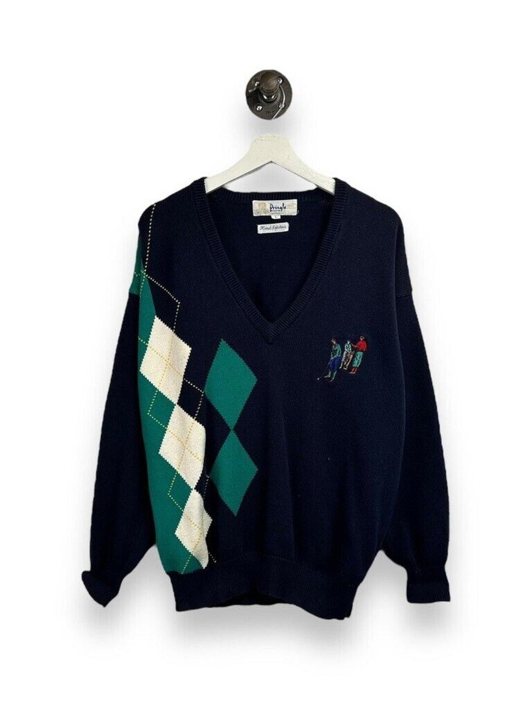 Vintage Pringle Diamond Pattern Embroidered Golf V Neck Knit Sweater ...