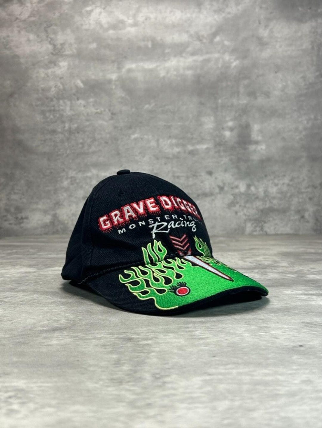 Vintage Y2K Grave Digger Monster Truck Embroidered Flame Strapback Hat ...