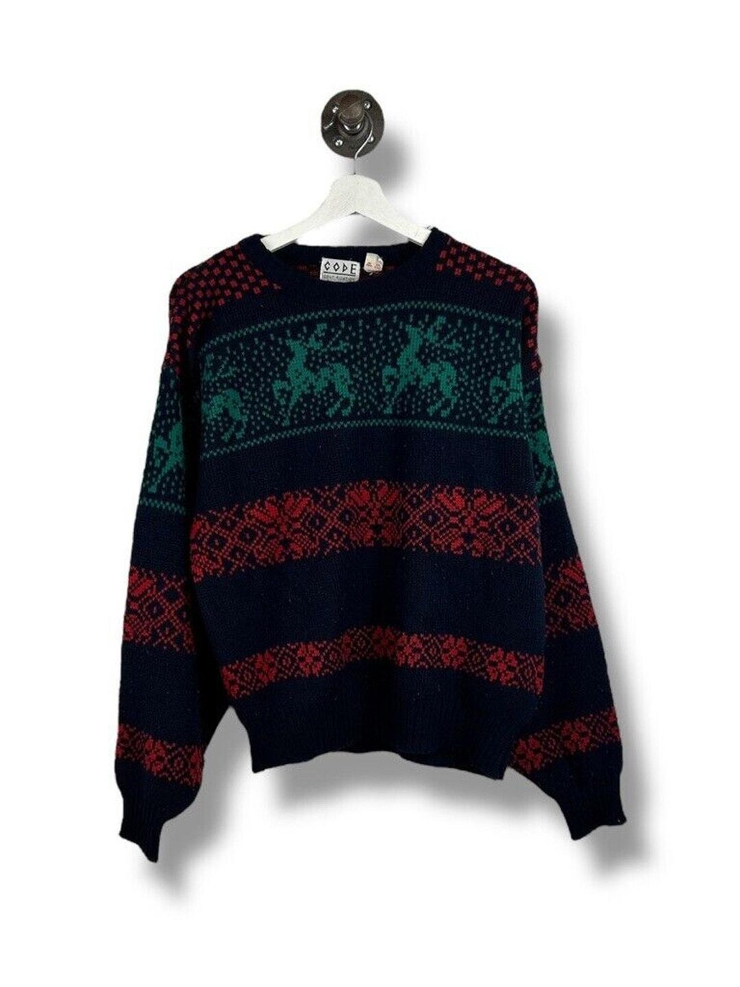 Vintage 90s Code Identification Reindeer Print Pull Over Knit Sweater ...