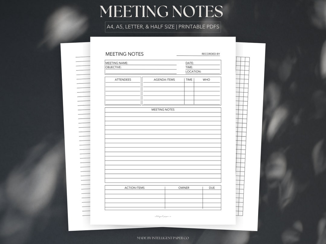 Meeting Minutes Printable Template, Meeting Notes, Notetaking Template ...