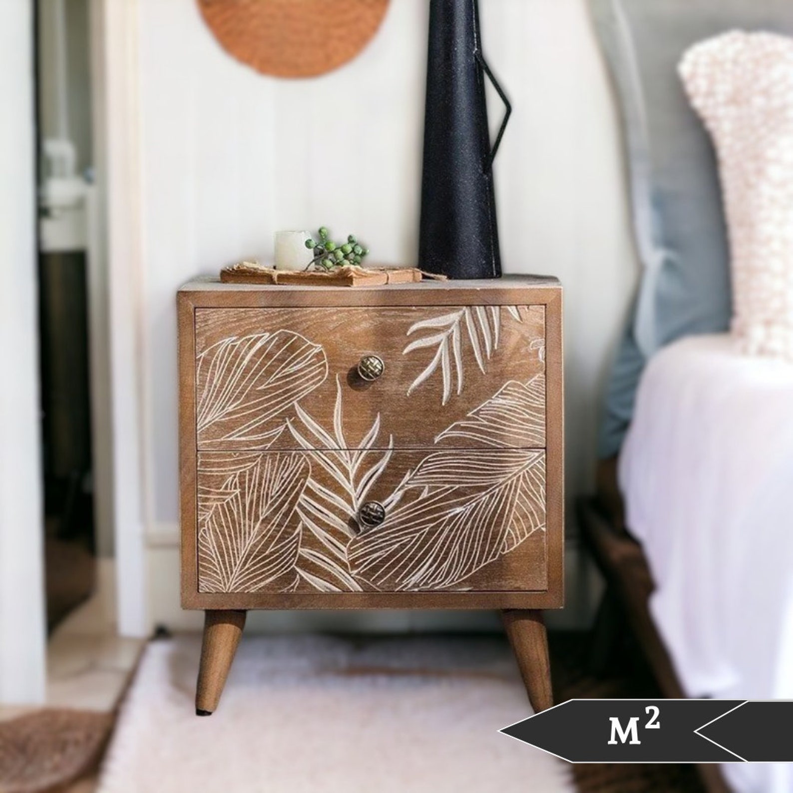 Coastal Wooden Bedside Table Wooden Drawers Nightstand Retro Carved ...
