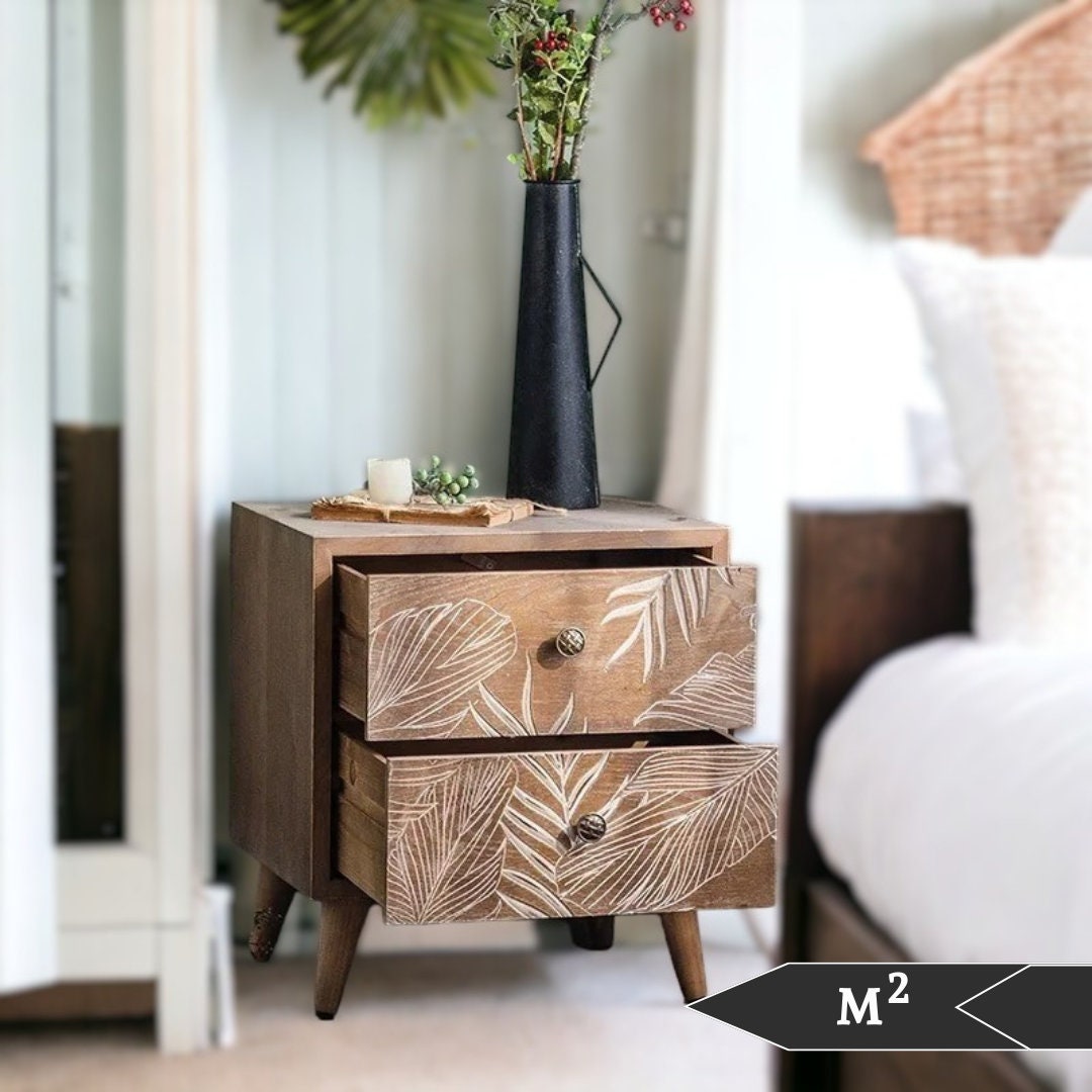 Coastal Wooden Bedside Table Wooden Drawers Nightstand Retro Carved ...