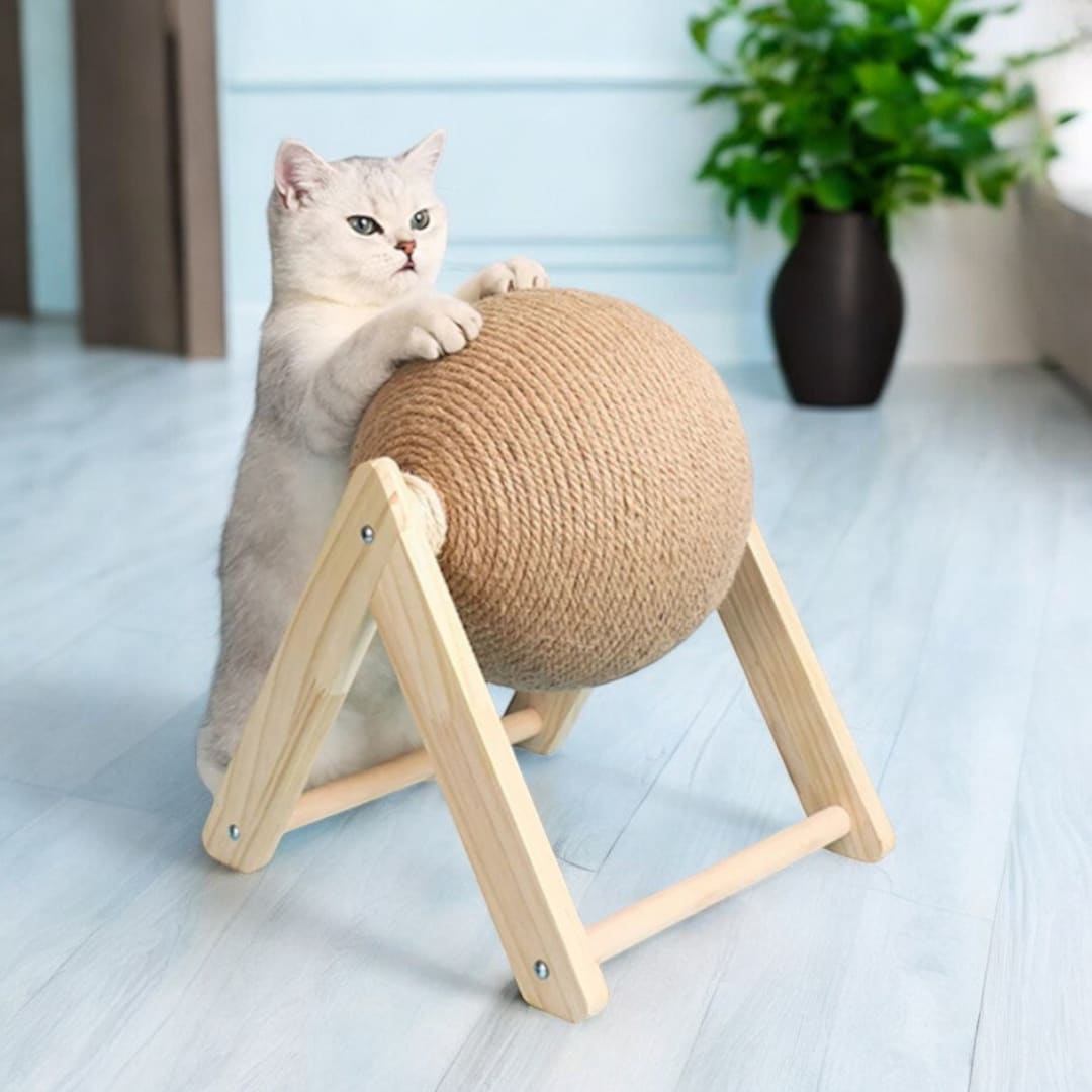 Cute Cat Scratching Ball With Wood Stand, Unique Handcrafted Cat Toys ...