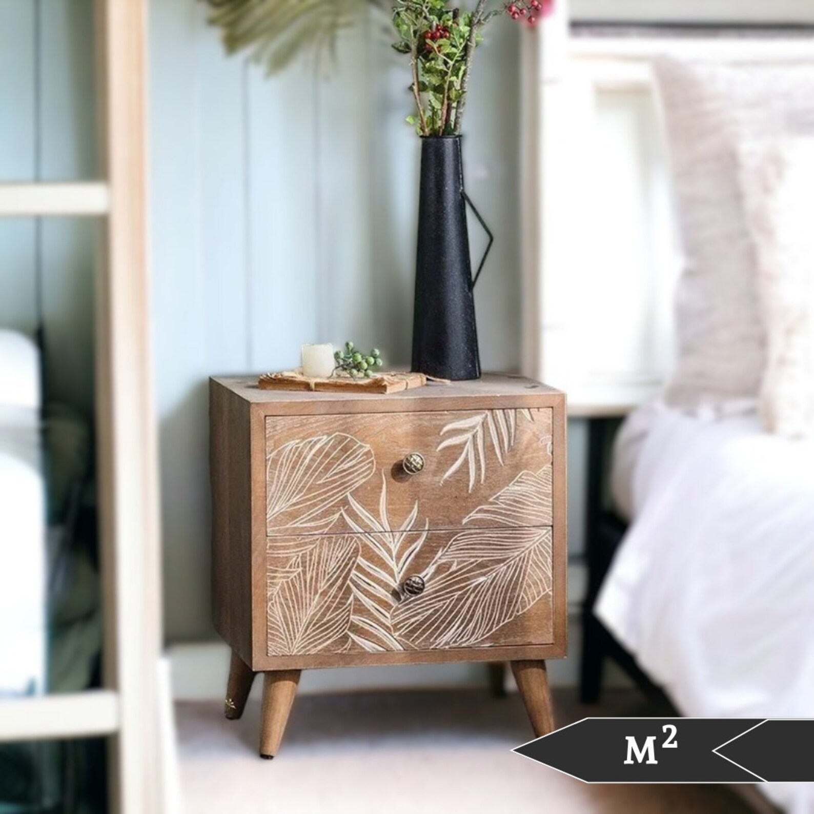 Coastal Wooden Bedside Table Wooden Drawers Nightstand Retro Carved ...