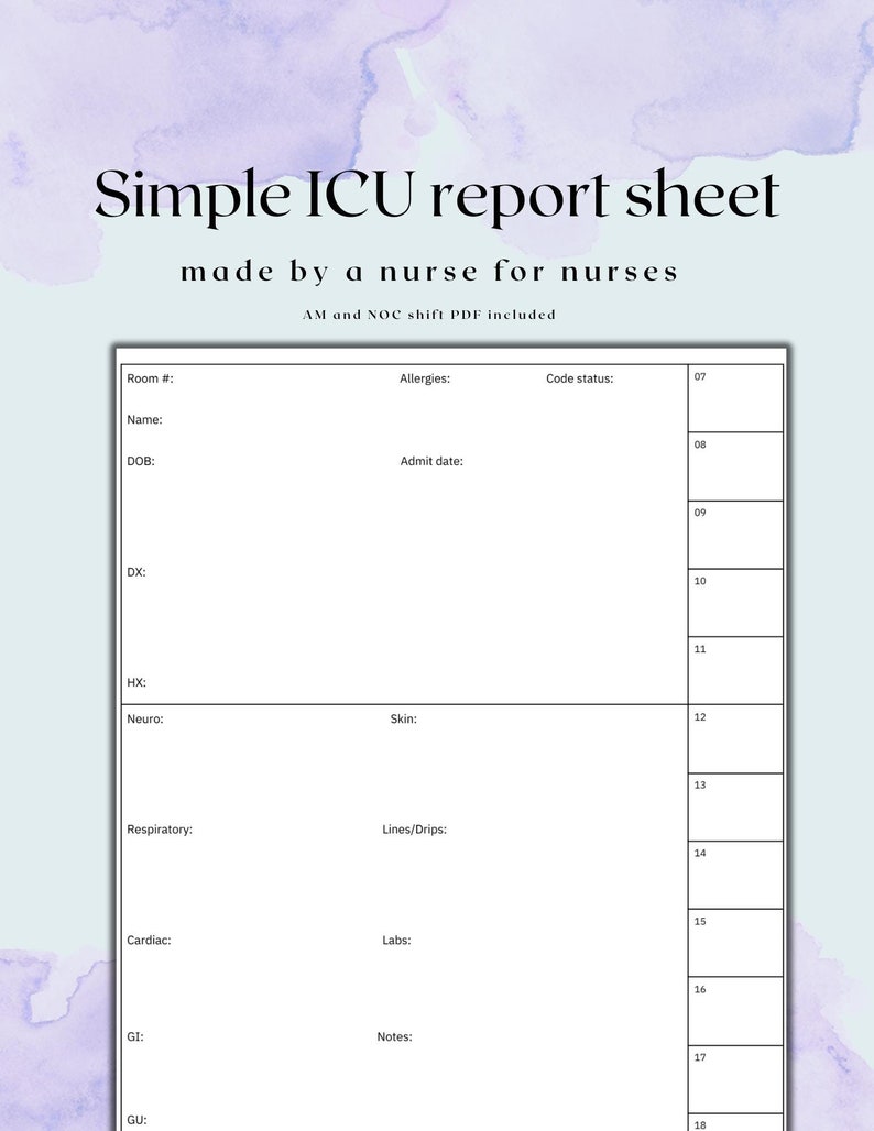 Full Size Printable Nurse Report Sheet for Icu/step Down. Simple Nurse ...