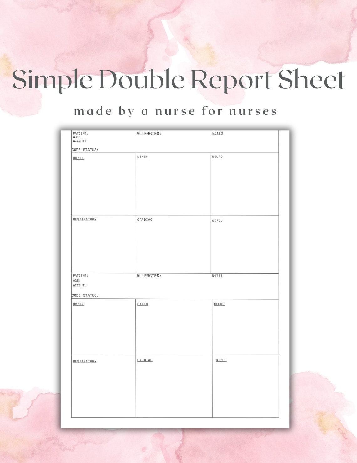 Half Page Printable Nurse Report Sheet Simple Nurse Brain Sheet Double ...