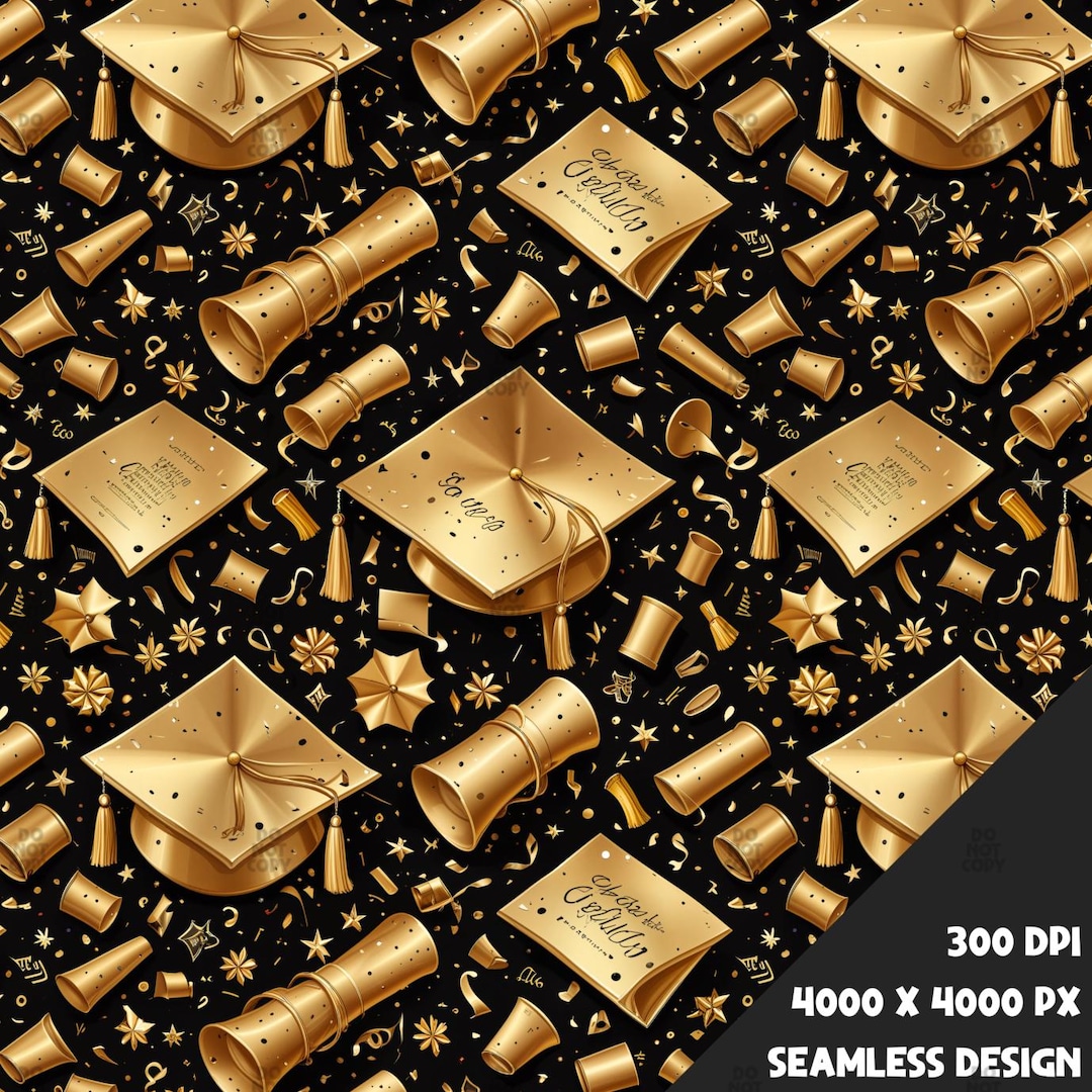 Gold Graduation Caps and Diplomas on Black | Seamless Pattern Digital ...