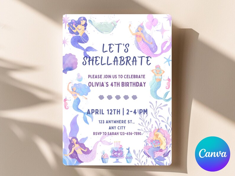 EDITABLE Mermaid Birthday Invitation, Let's Shellabrate, Size 5x7 ...