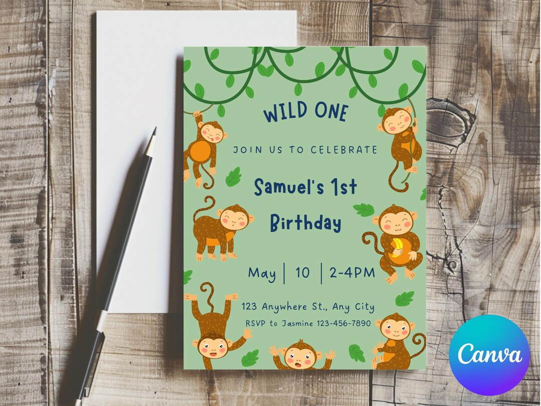 EDITABLE Monkeys Birthday Invitation, Wild One, Jungle Invitation, Size ...