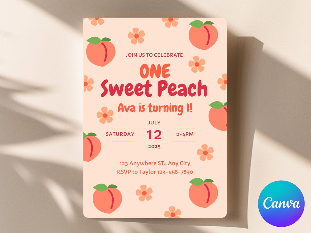 EDITABLE Sweet Peach Birthday Invitation, Size 5x7, Canva Template ...