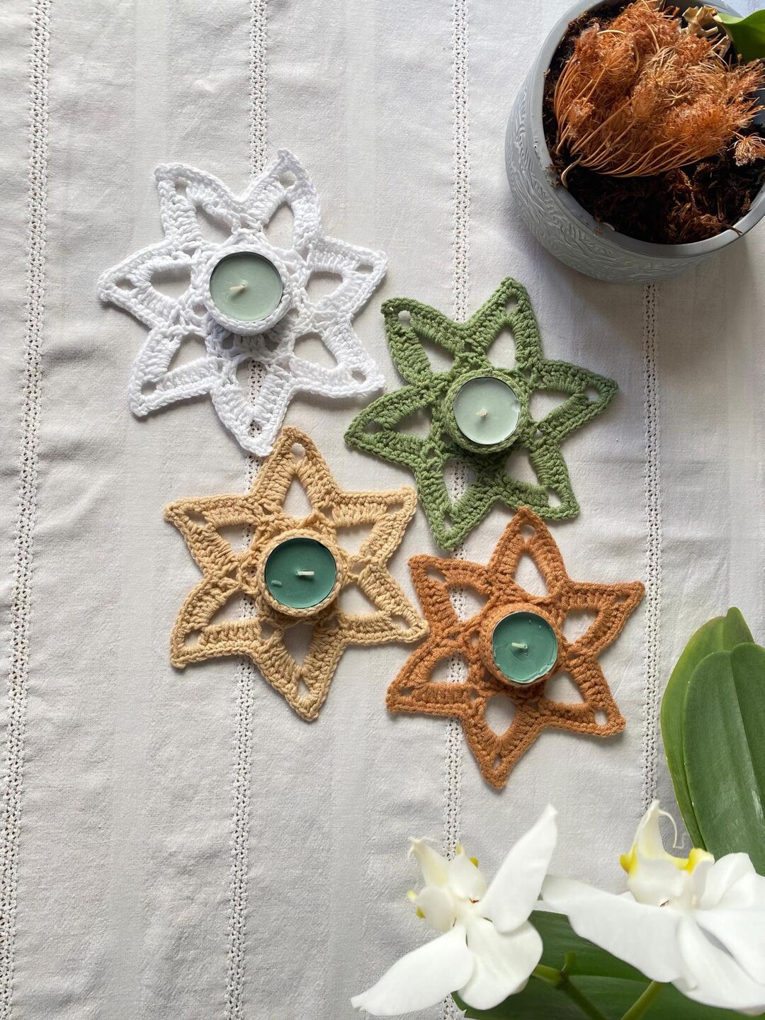Set of 3, Handmade Crochet Star Tealight Holders. Custom 3-pack, Cozy ...