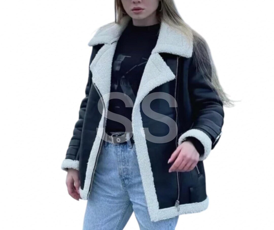 Women Aviator RAF B4 Bomber Shearling Black Sheepskin Real Leather ...
