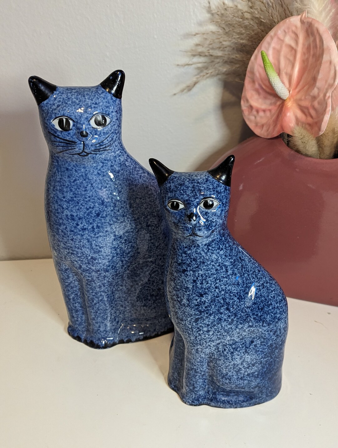 Cobalt Blue Ceramic Cat Mom and Kitten Pair Sculptures - Etsy