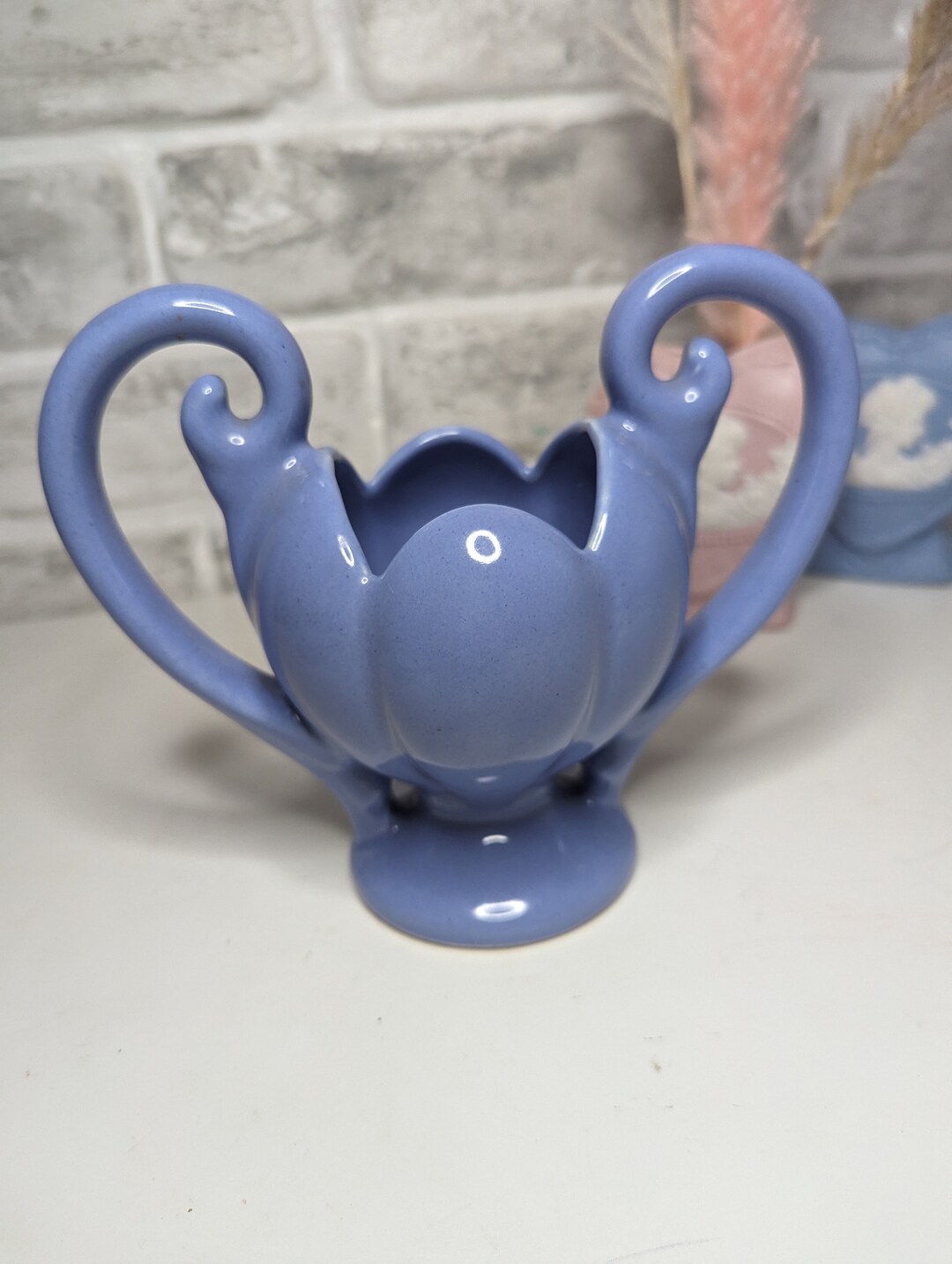 Vintage Camark Pottery Trophy Lotus Shaped Vase Powder Blue With Double ...