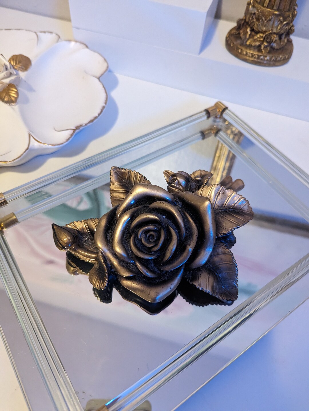 Vintage Bronze Rose Shelf Decor Paperweight Knick Knack - Etsy