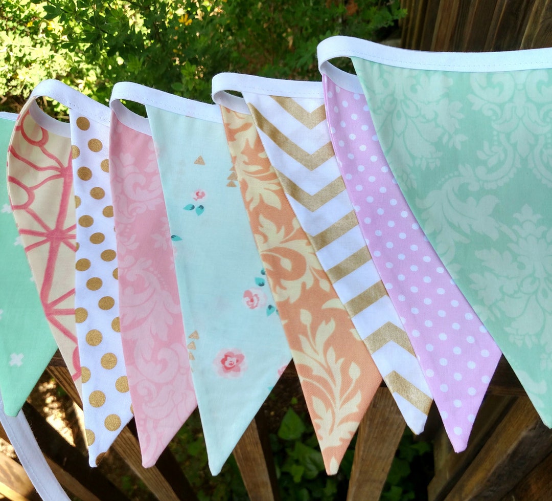 13 Flags Mint, Pink, Peach, Metallic Gold Fabric Bunting Flag Banner ...