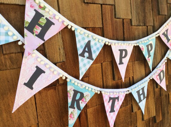 Items similar to Pompom Trimmed Shabby Happy Birthday Bunting 2 Fabric ...