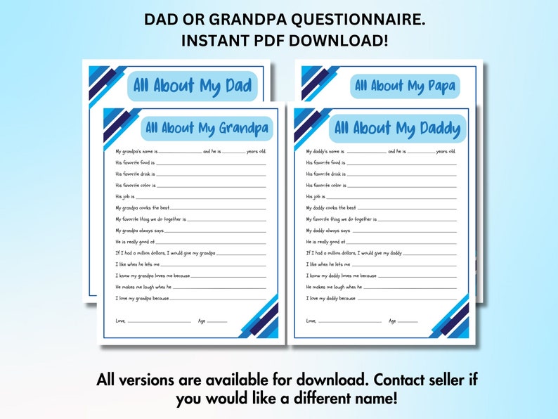 Father's Day Questionnaire Printable. All About Dad. Father's Day Gift ...