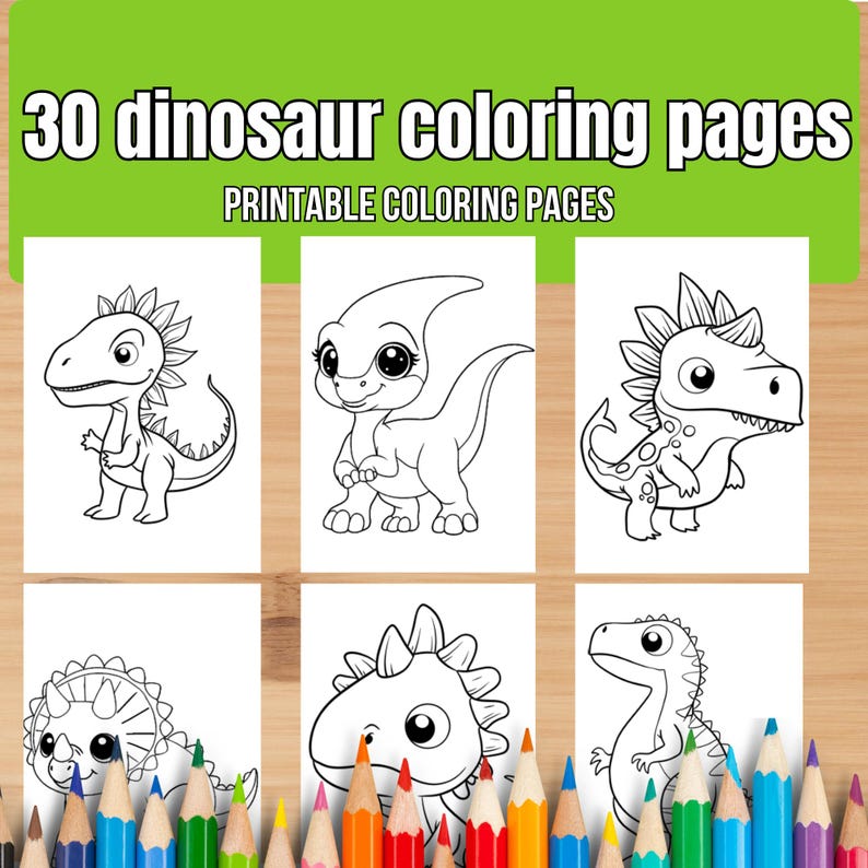 30 Cute Dinosaur Coloring Pages - Printable Digital Download for Kids ...
