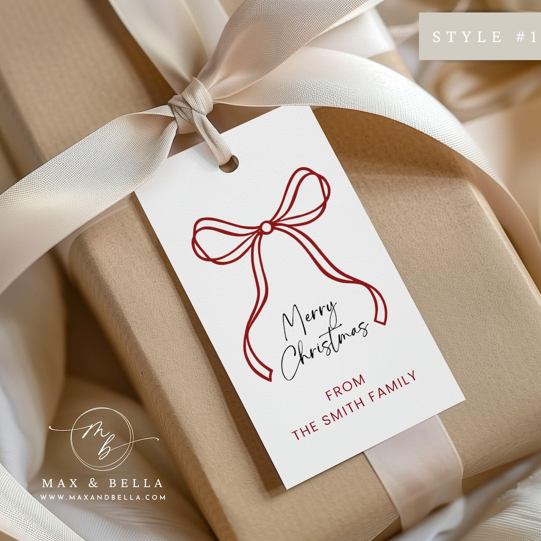 PRINTED Personalized Christmas Gift Tags, Simple Bow, Holiday Gift Tags ...