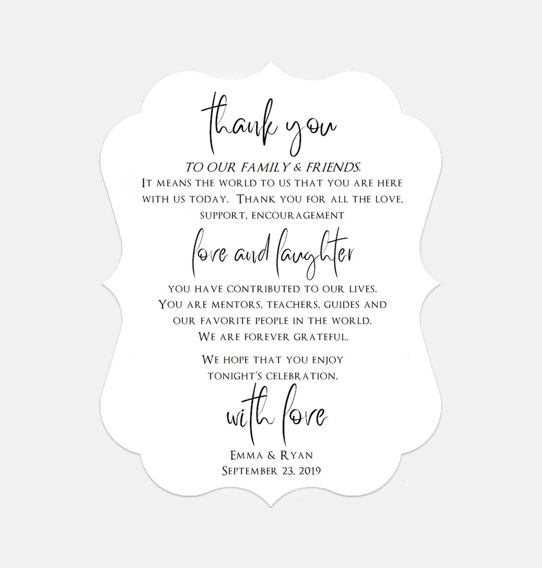 Wedding Reception Thank You Card, Personalized Thank You Card, Wedding ...