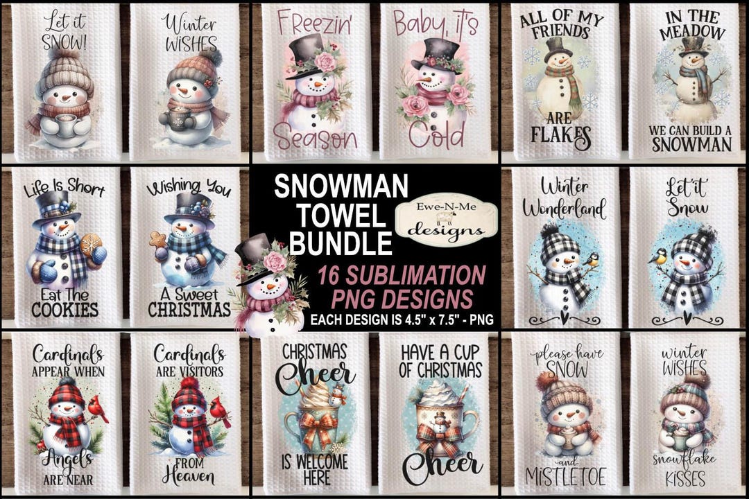 Holiday Snowmen Kitchen Towel Sublimation Bundle - 16 Snowman Kitchen ...