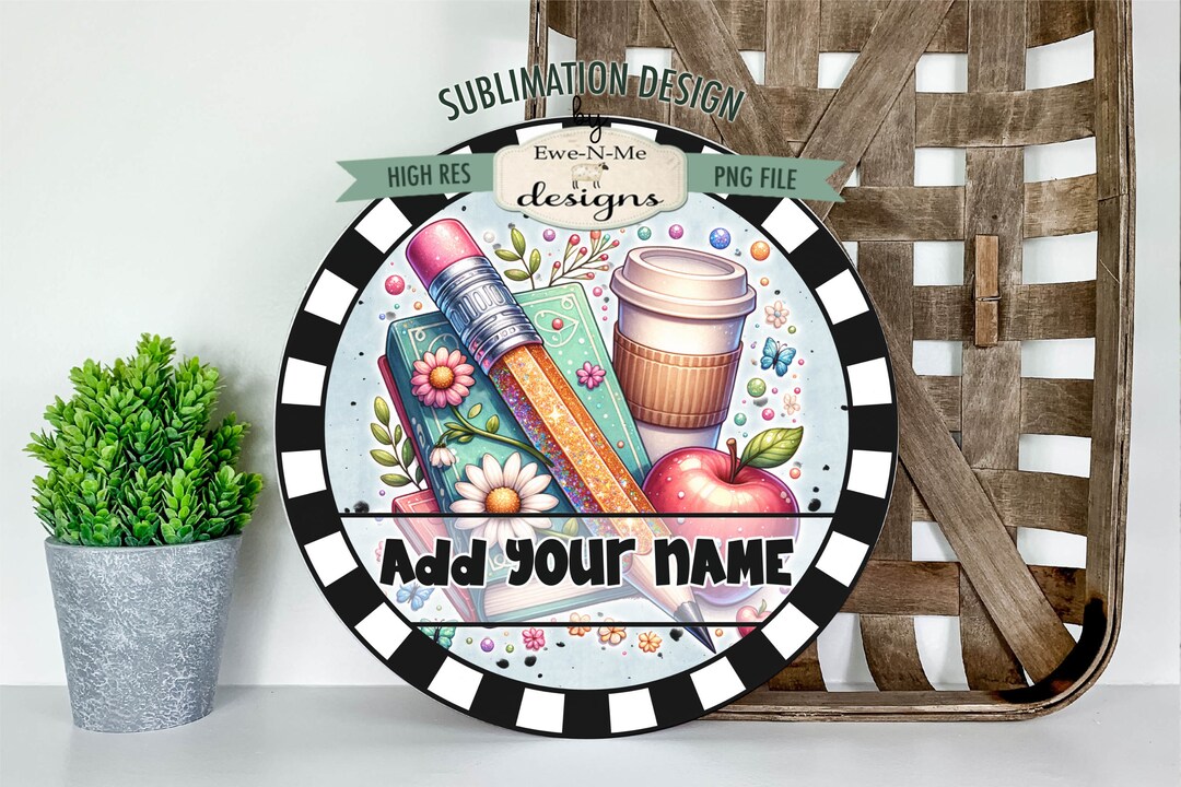 Glitter Pencil Apple Teacher Round PNG Sublimation Design | Door Hanger ...
