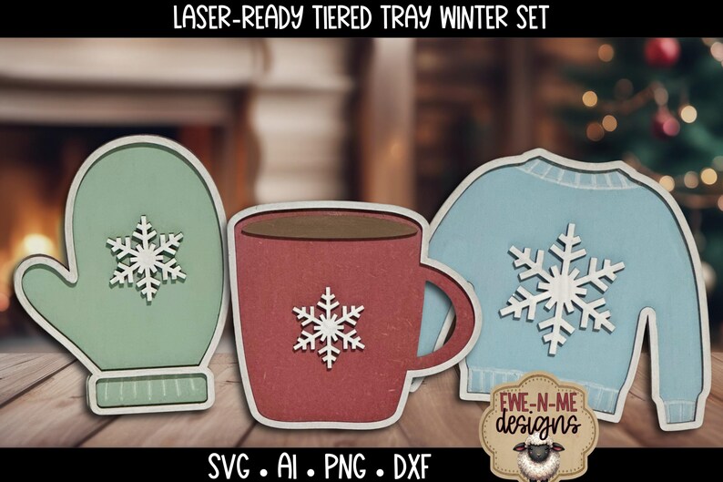 Winter Tiered Tray Laser Cut File Set | Mittens, Sweater, Ice Skates ...