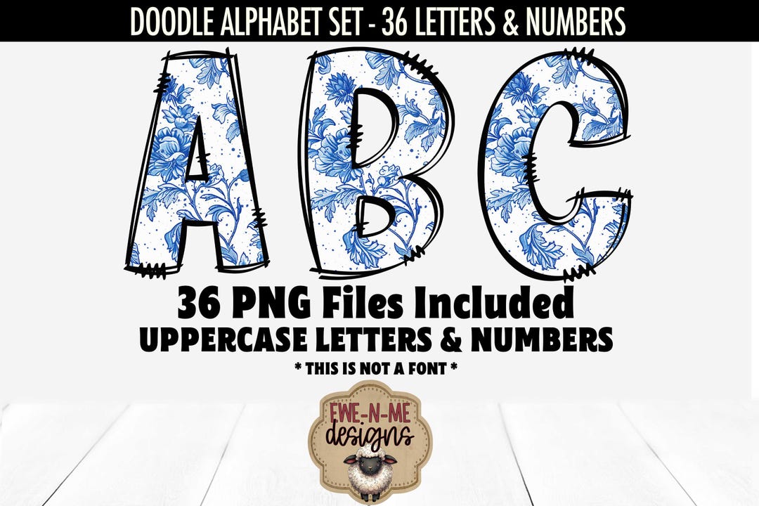 Blue Chinoiserie Doodle Alphabet & Numbers | 36 PNG Files | Individual ...
