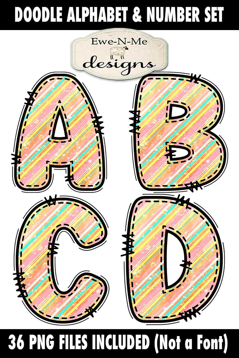 Spring Stripes Doodle Alphabet & Numbers | 36 PNG Files | Individual ...